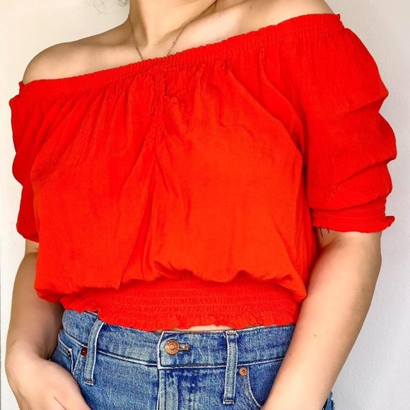 H&M | Tops | Hm Womens Textured Off Shoulder Elastic Crop Top In Bright ...